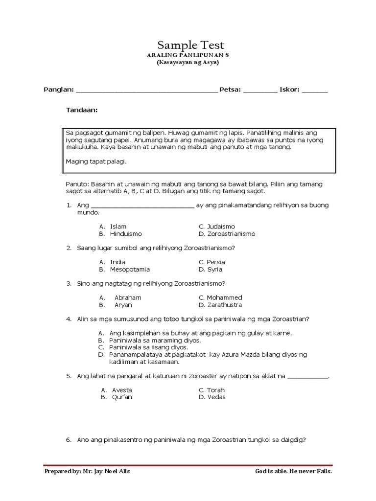 Araling Panlipunan 8 Sample Test | PDF