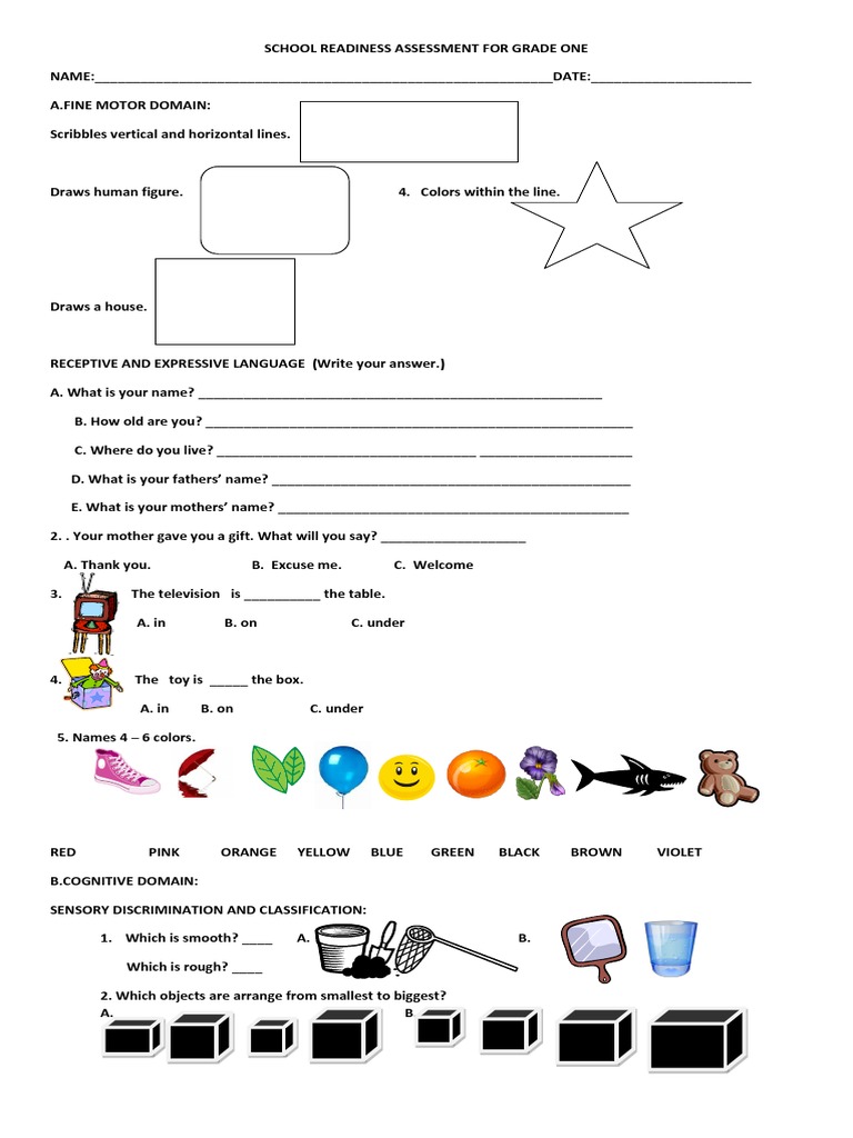 School Readiness Assessment For Grade One | Download Free PDF | Color