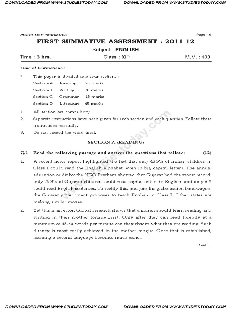 CBSE Class 11 English Question Paper SA1 2011 | PDF | English Language ...