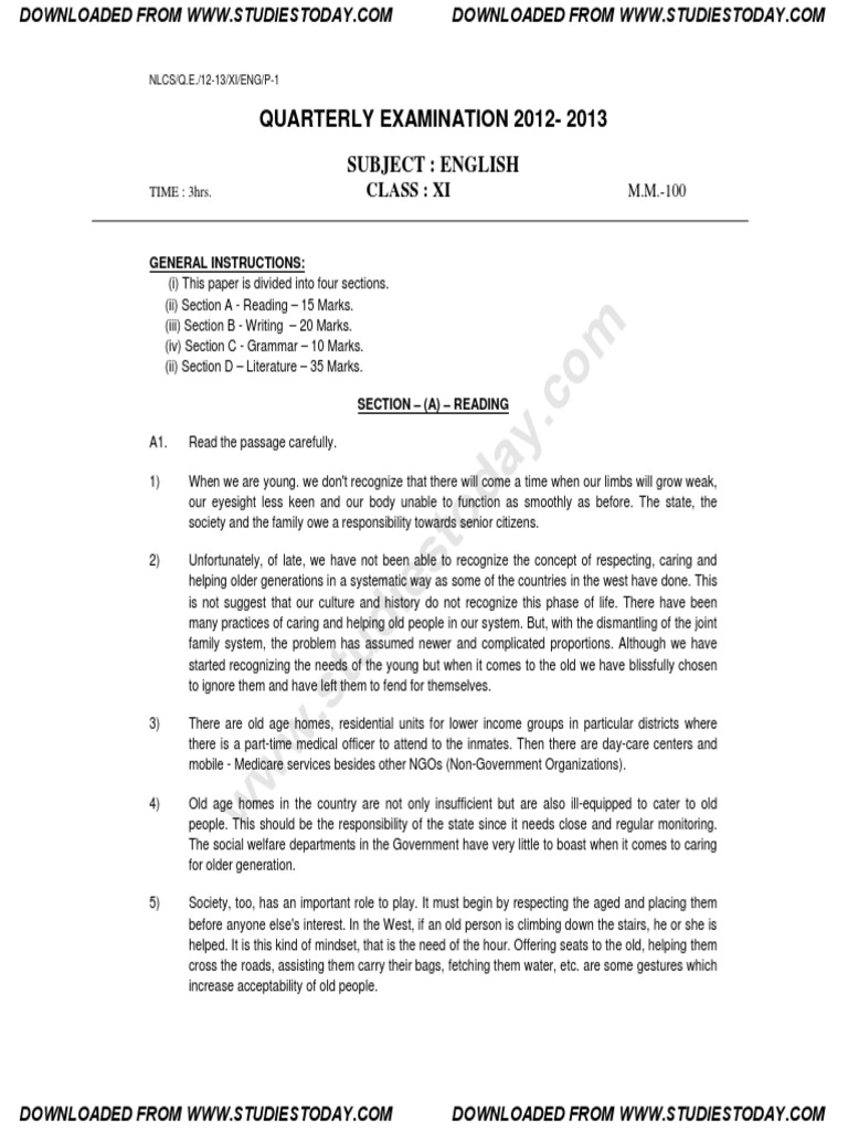 CBSE Class 11 English Question Paper SA1 2012 | PDF | Old Age ...