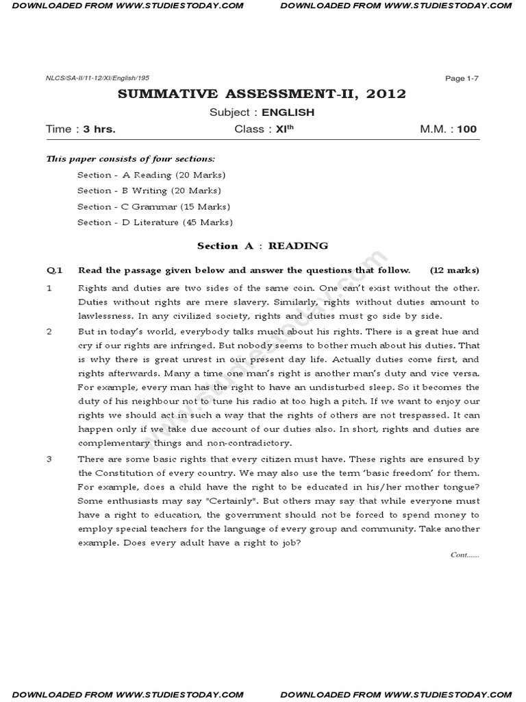 CBSE Class 11 English Question Paper SA2 2012 | PDF | Mahatma Gandhi ...