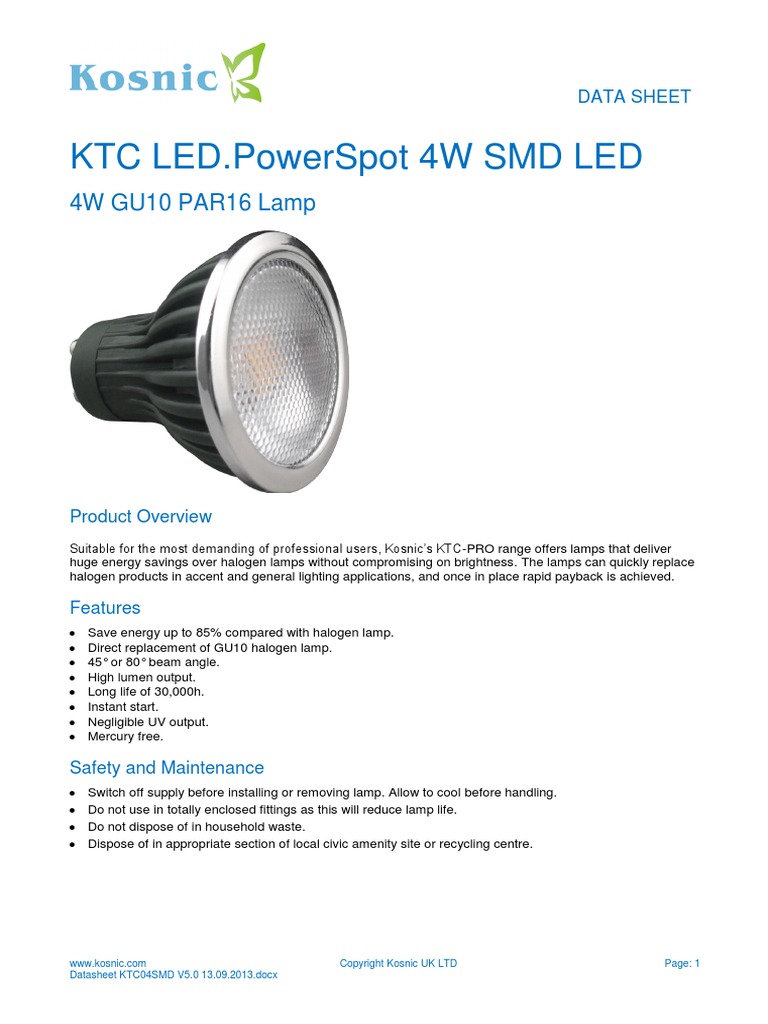 KTC Led - Powerspot 4W SMD Led: 4W GU10 PAR16 Lamp | Download Free PDF | Light | Interior Design