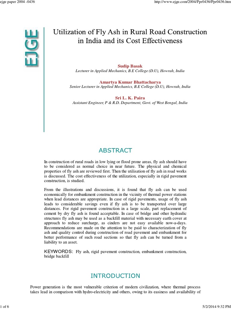 Utilization of Fly Ash in Rural Road Construction in India and Its Cost ...