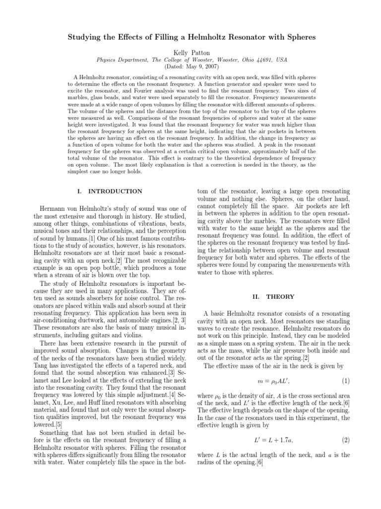 Helmholtz Resonator With Spheres | PDF | Resonance | Wavelength