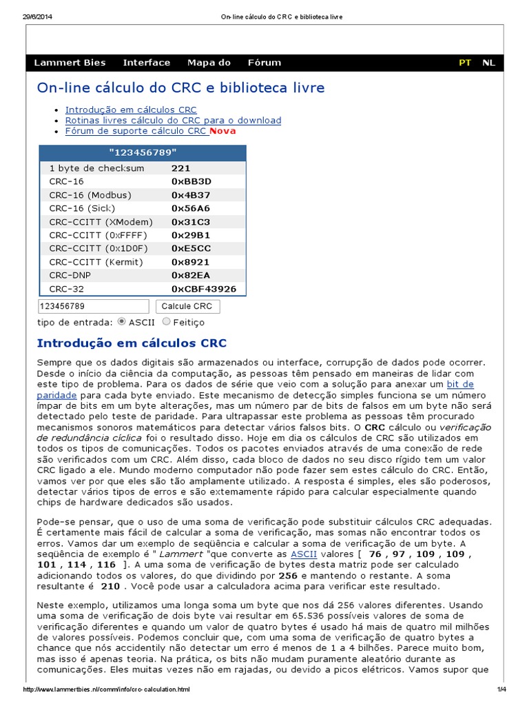 On-Line Cálculo Do CRC e Biblioteca Livre PDF | PDF | Byte | Cálculo