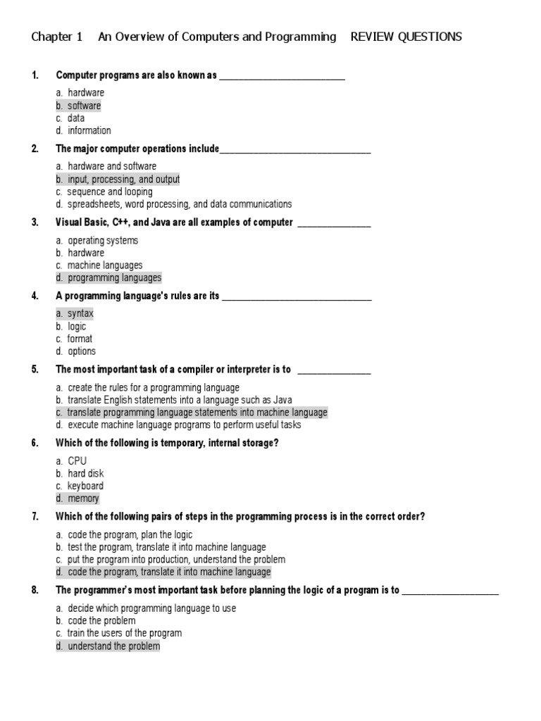Cis 103 Review Questions Answers CH 01 | PDF | Computer Program | Programming