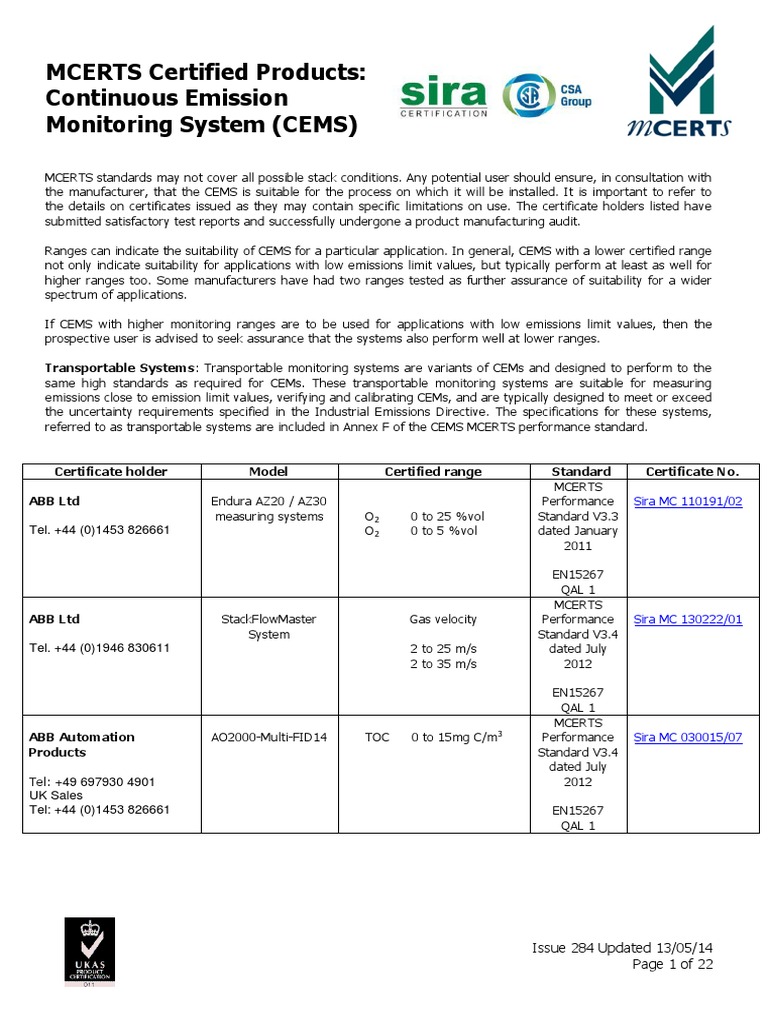 MCERTS Certified Products CEMS | PDF | Calibration | Chemistry