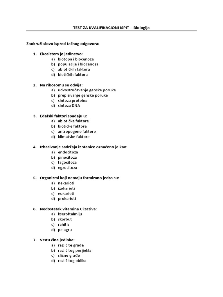 Primjeri Pitanja Za Prijemni Ispit - Biologija