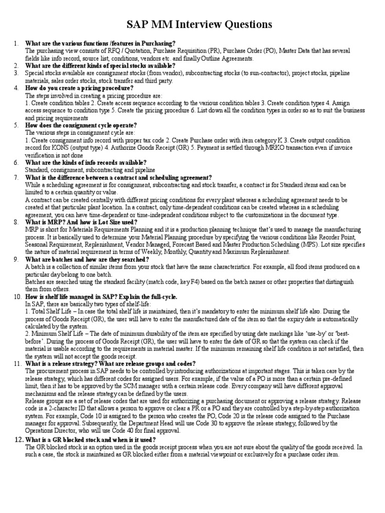 SAP MM Interview Questions | PDF | Shelf Life | Production And Manufacturing
