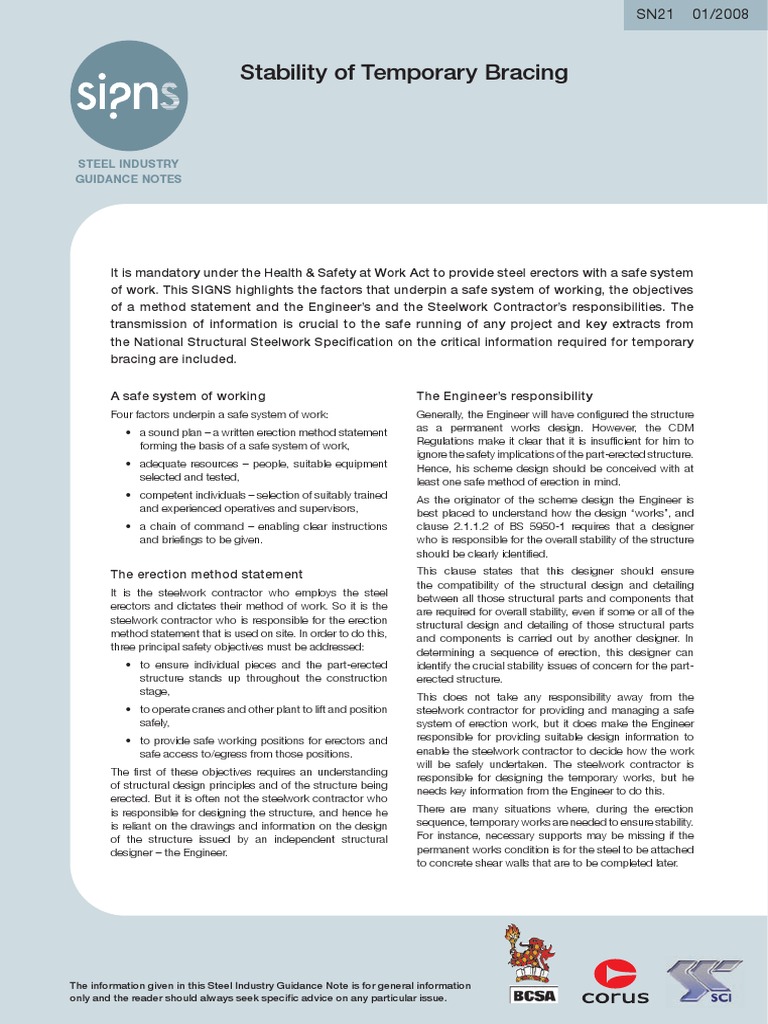 Stability of Temporary Bracing: Steel Industry Guidance Notes | PDF ...
