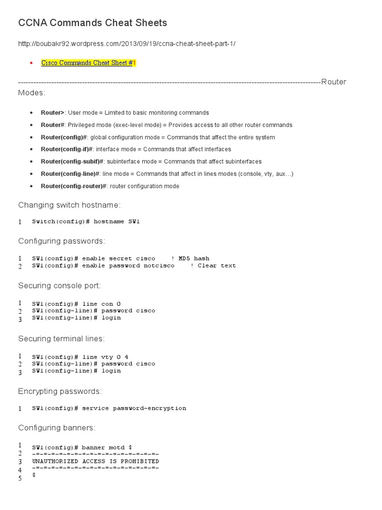 CCNA Cheat Sheets | PDF | Ip Address | Computer Networking