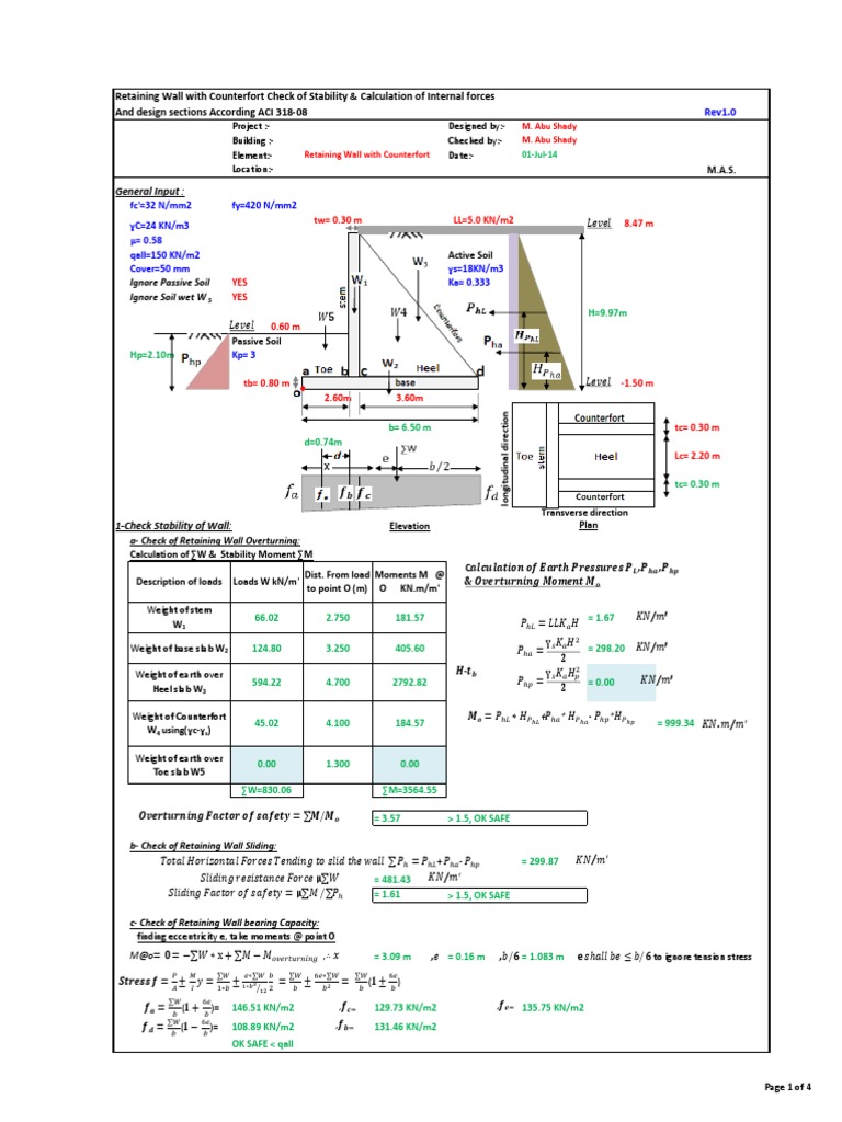 ACI 318 08 Design of Retaining Wall With Counterfort Rev1 | PDF ...
