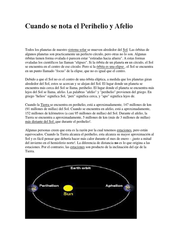 Perihelio y Afelio: Definición y Distancias | PDF | Elipse | Orbita
