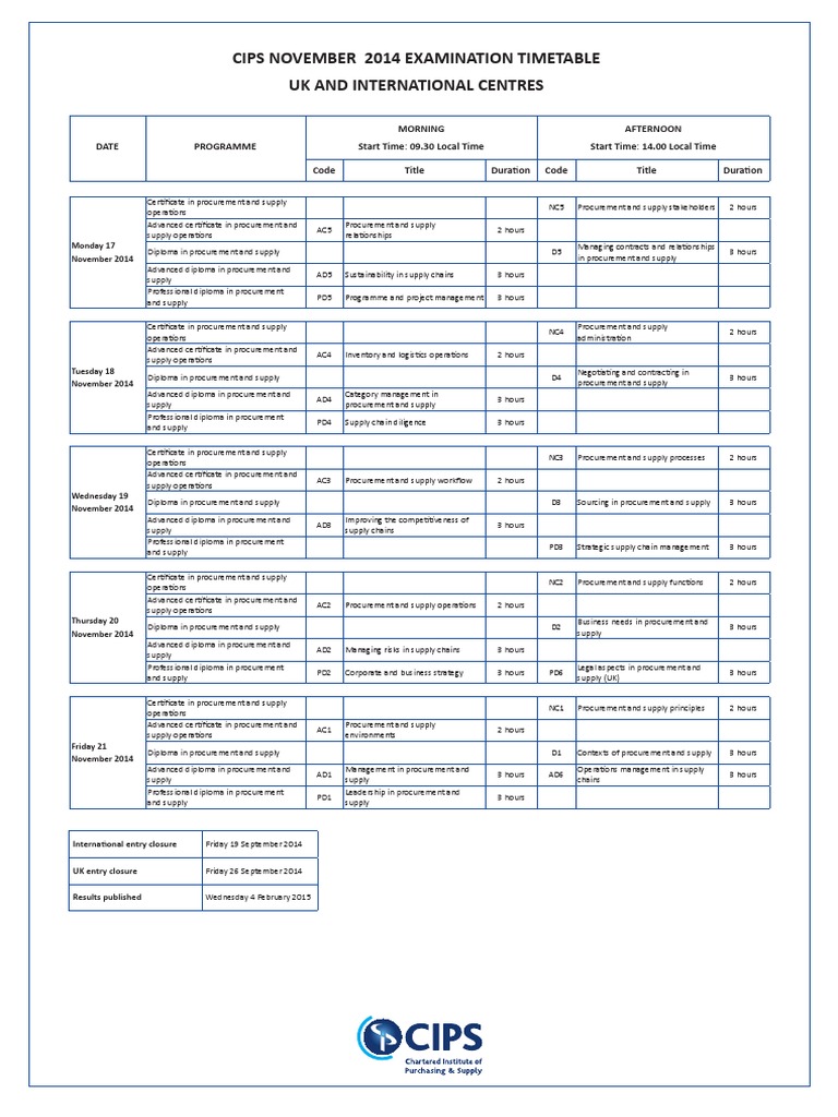 Cips November 2014 Examination Timetable | PDF | Procurement | Service Industries