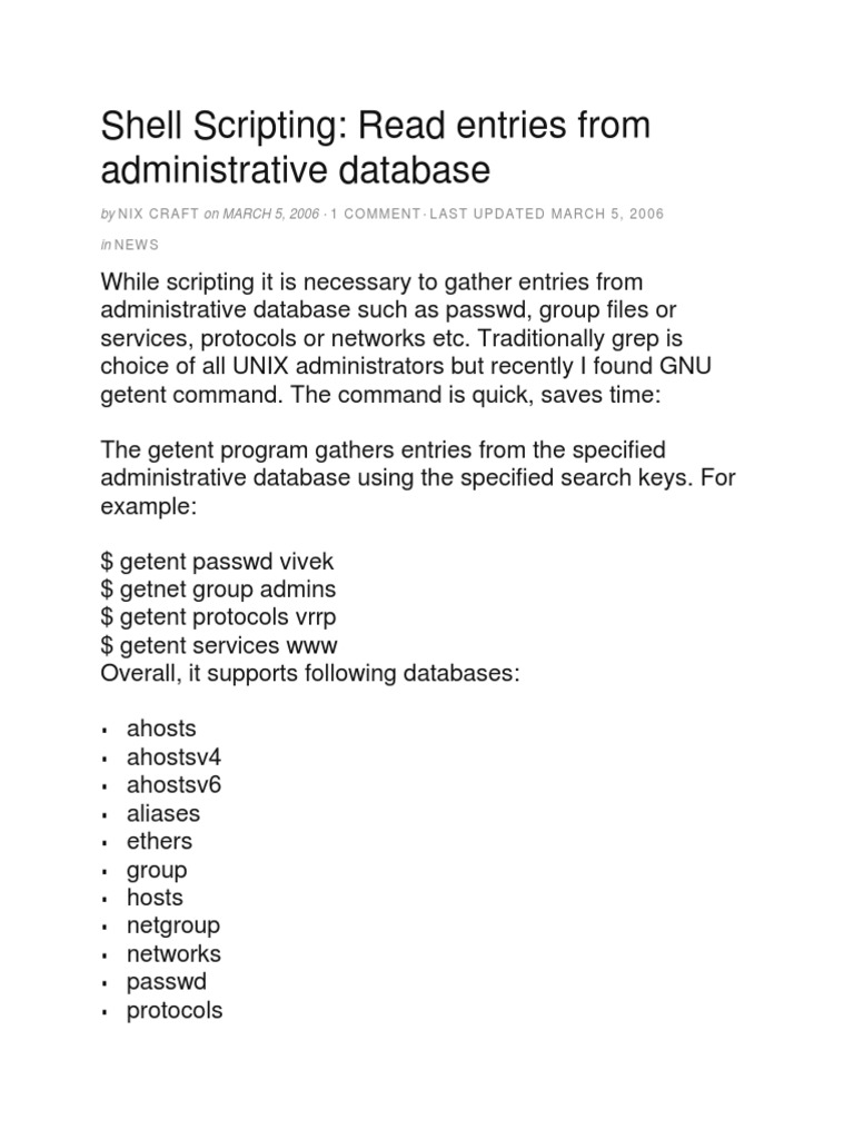 Shell Scripting: Read Entries From Administrative Database | PDF