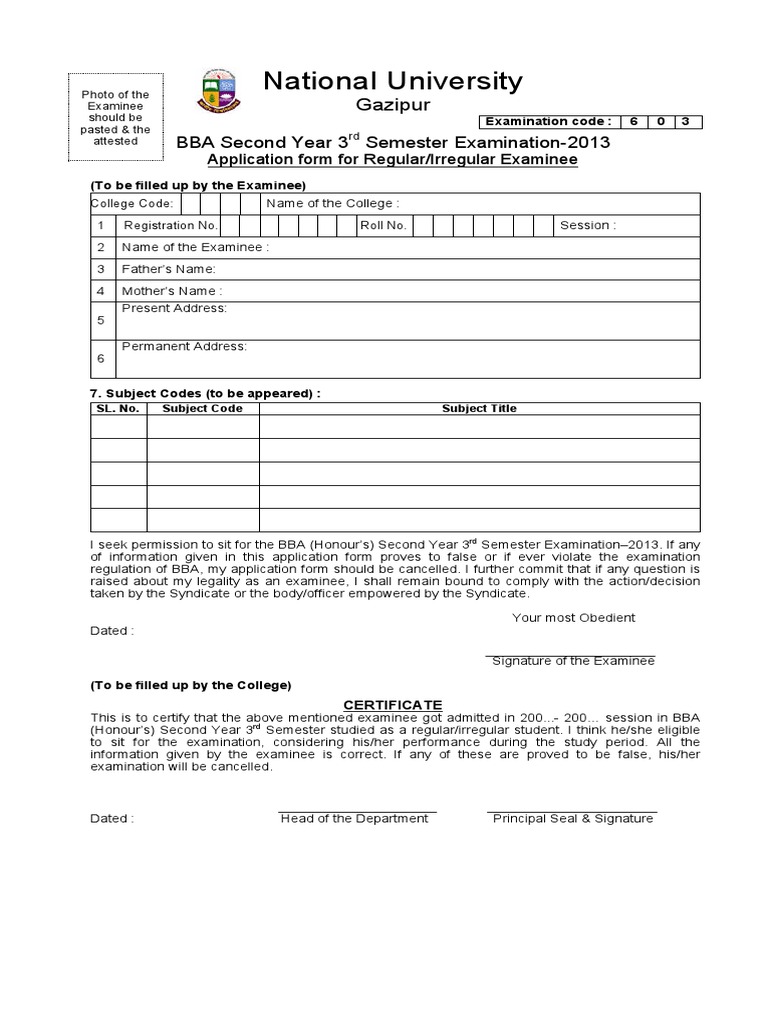 Application Form for BBA Examination - Requesting Permission to Sit for the BBA Second Year ...