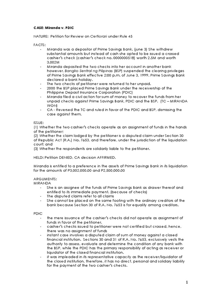 Miranda v. PDIC | PDF | Receivership | Liquidation