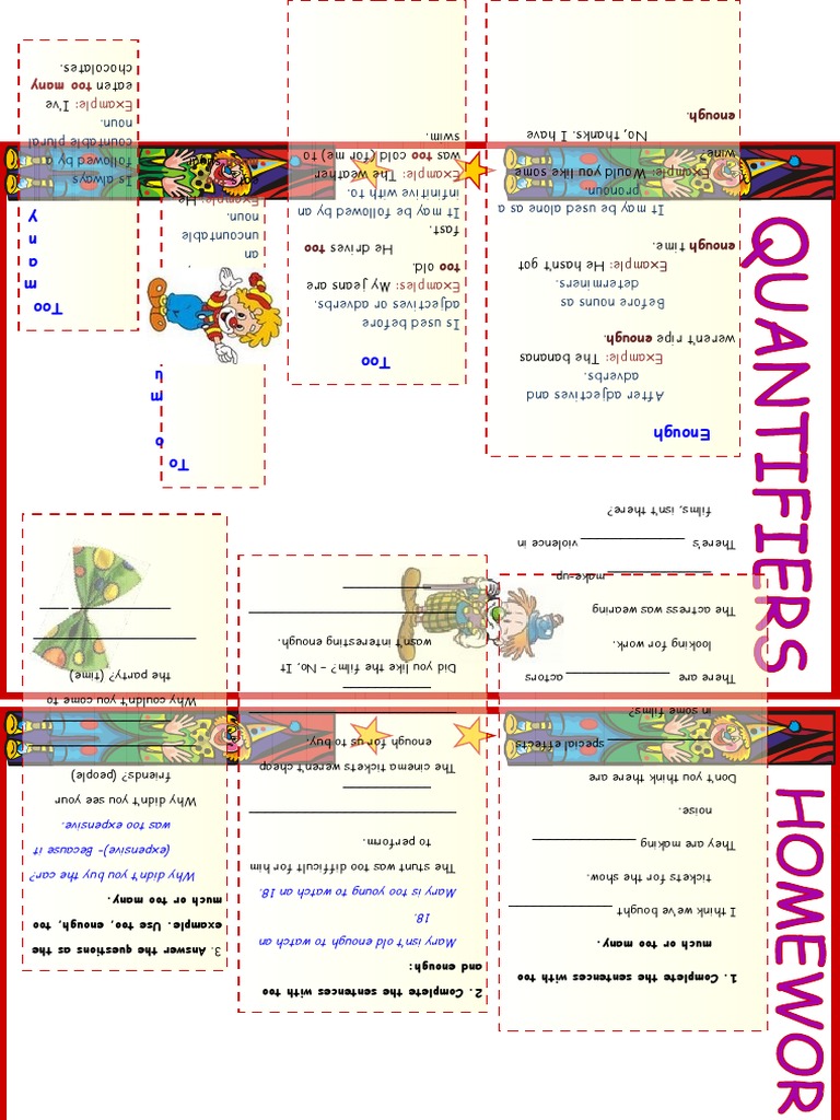 Quantifiers - Too Many, Too Much, Enough, Too | PDF | Noun | Plural