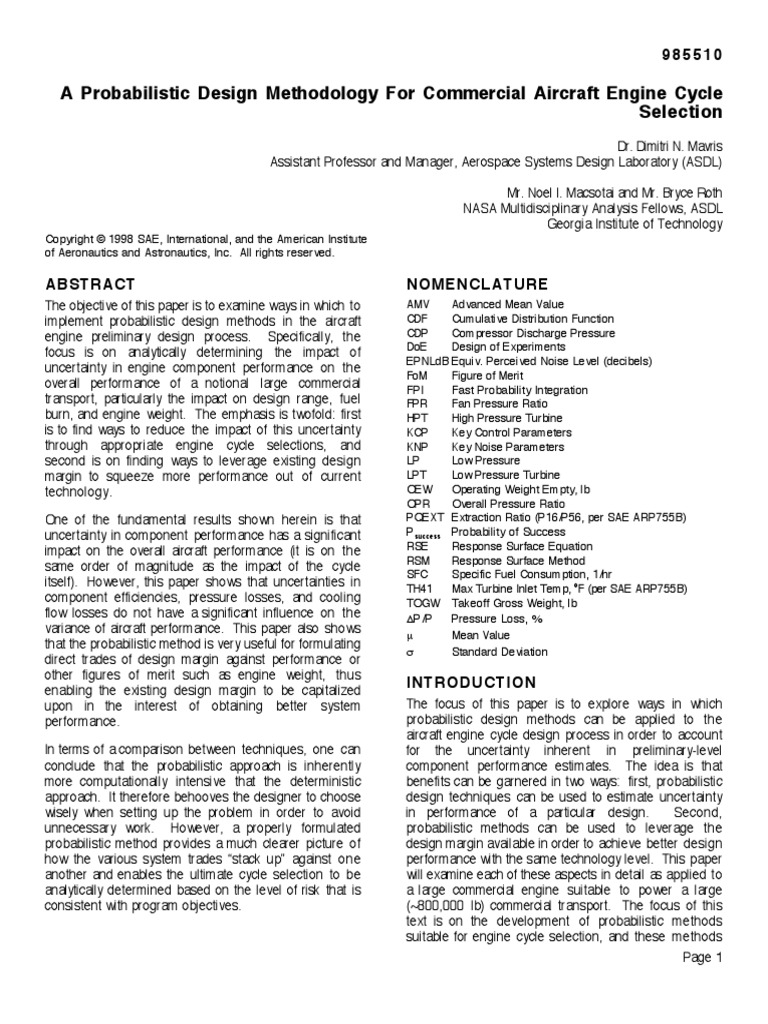 A Probabilistic Design Methodology For Commercial Aircraft Engine Cycle Selection | PDF ...
