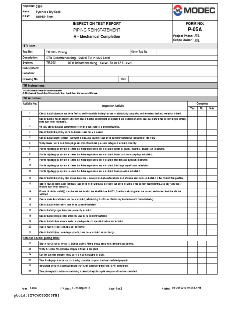 Piping Reinstatement: Inspection Test Report Form No | PDF ...
