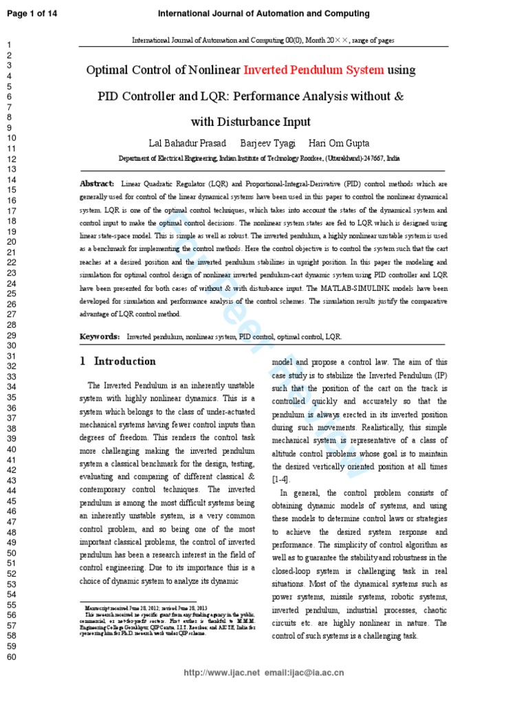 Optimal Control of Nonlinear Inverted Pendulum System Using PID Controller and LQR: Performance ...