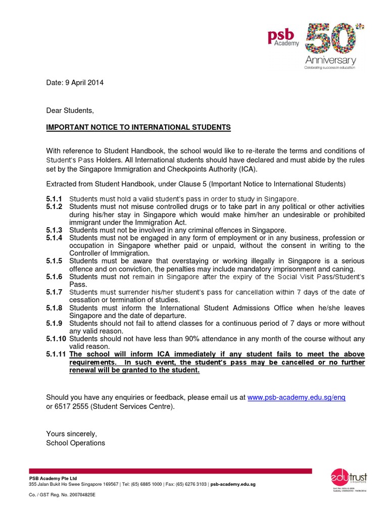 PSB Academy notice international student rules | PDF | Singapore ...