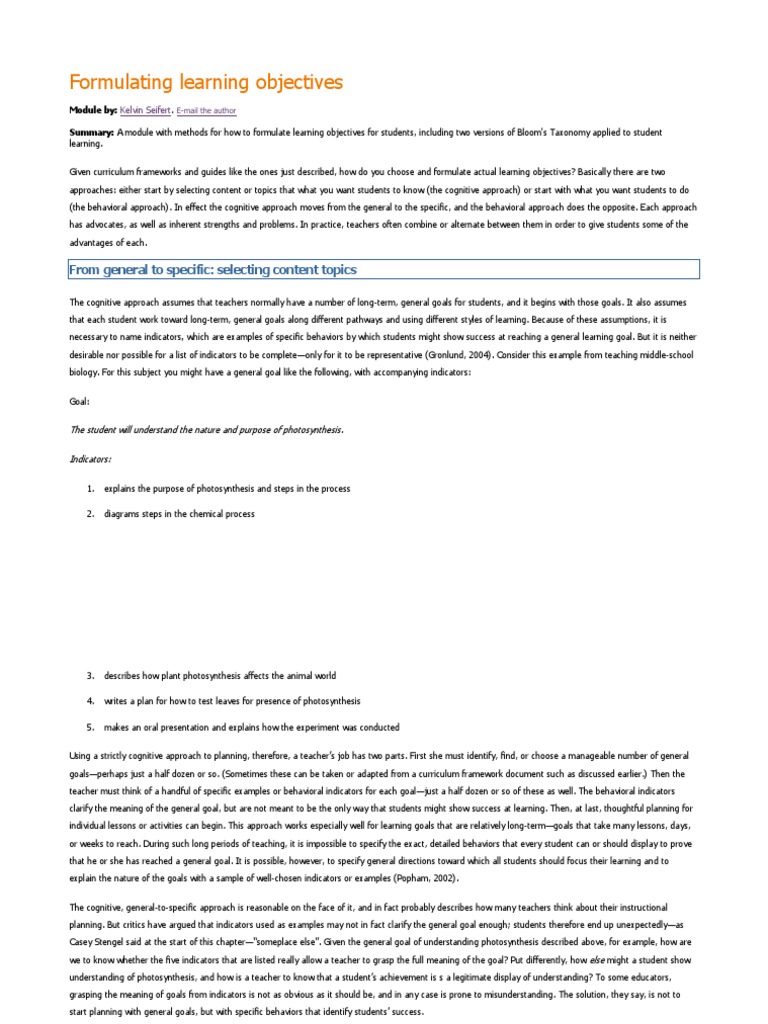Formulating Learning Objectives | PDF | Learning | Cognition