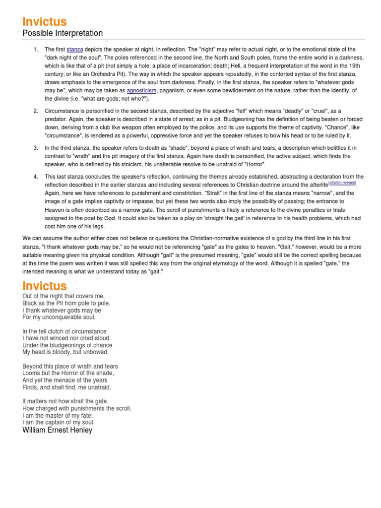 Invictus: Possible Interpretation | PDF | God | Religious Belief And ...