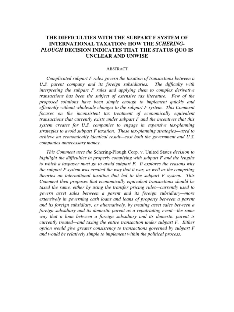 The Difficulties With The Subpart F System of International Taxation ...