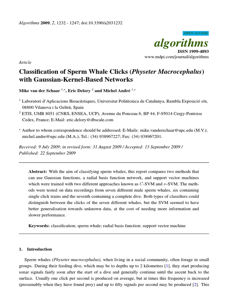 Algorithms Classification Of Sperm Whale Clicks Physeter Macrocephalus With Gaussian Kernel