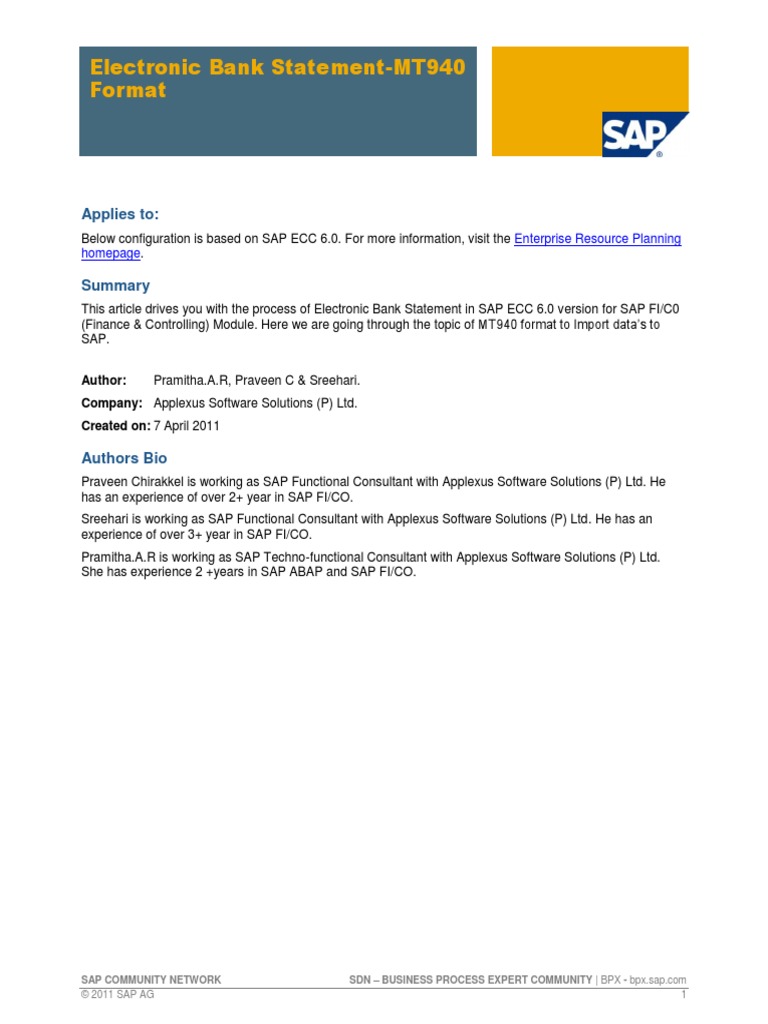Electronic Bank Statement-MT940 Format | PDF | Debits And Credits ...