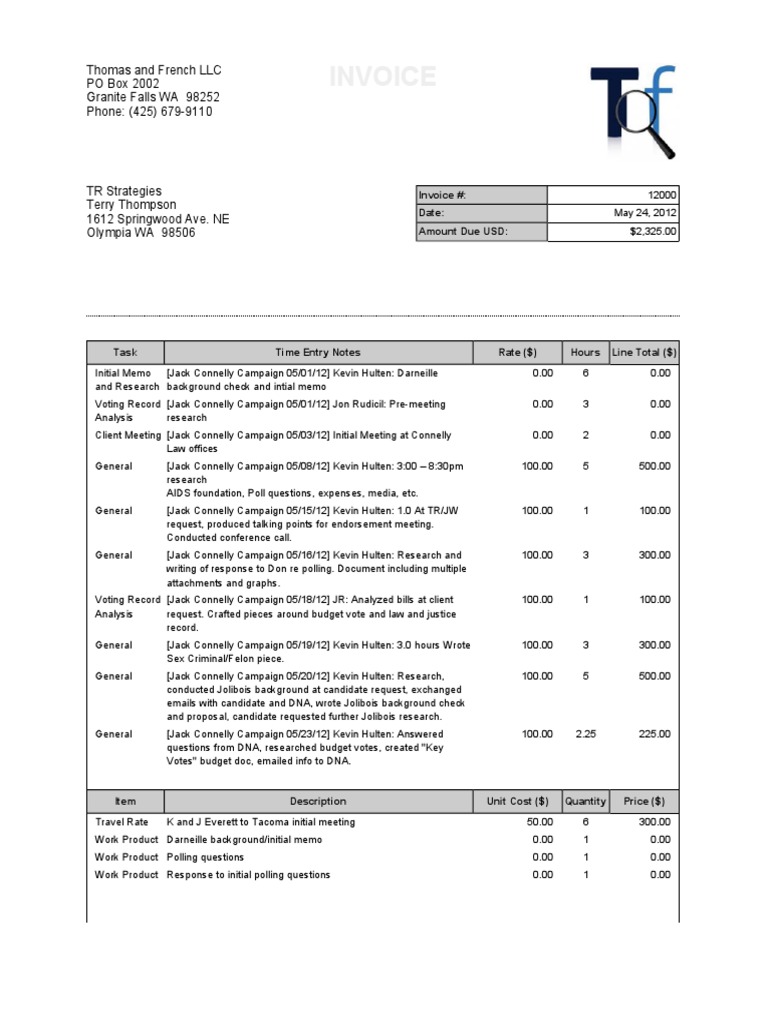 Invoice: Thomas and French LLC PO Box 2002 Granite Falls WA 98252 Phone: (425) 679-9110 | PDF ...