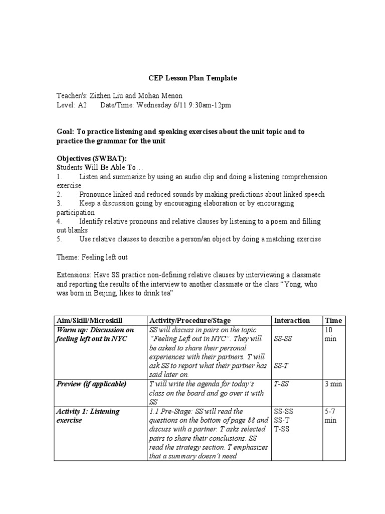 Wed 6 11 Cep Lesson Plan Zizhen Moh | PDF | Reading Comprehension | Lesson Plan