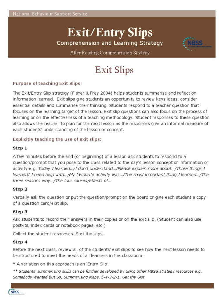 Exit Entrance Slip Explanation Examples | PDF | Neuropsychological ...