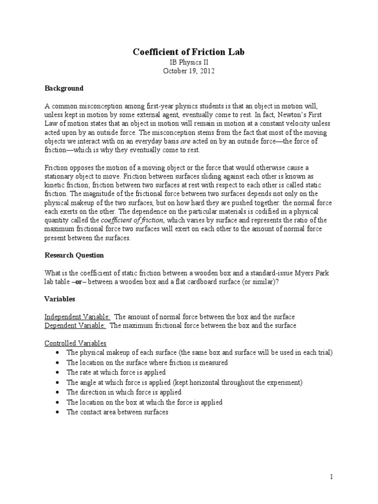 Coefficient of Static Friction Experiment | PDF | Friction | Surface ...