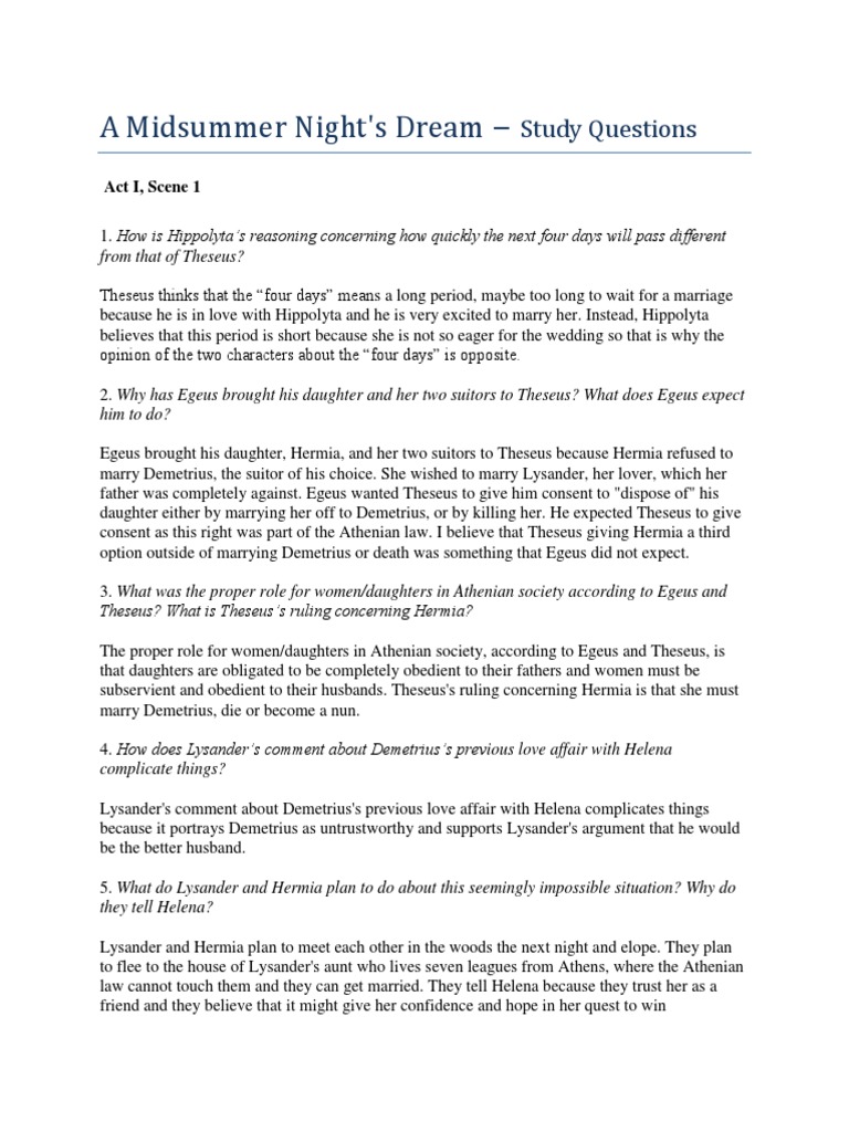 A Midsummer Night's Dream: Study Questions | Download Free PDF | A ...