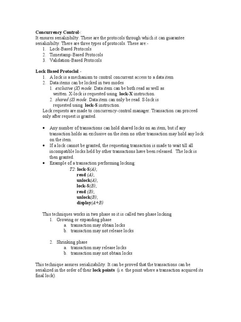 Concurrency Control 2 Shared S Mode Data Item Can Only Be Read S Lock Is Pdf