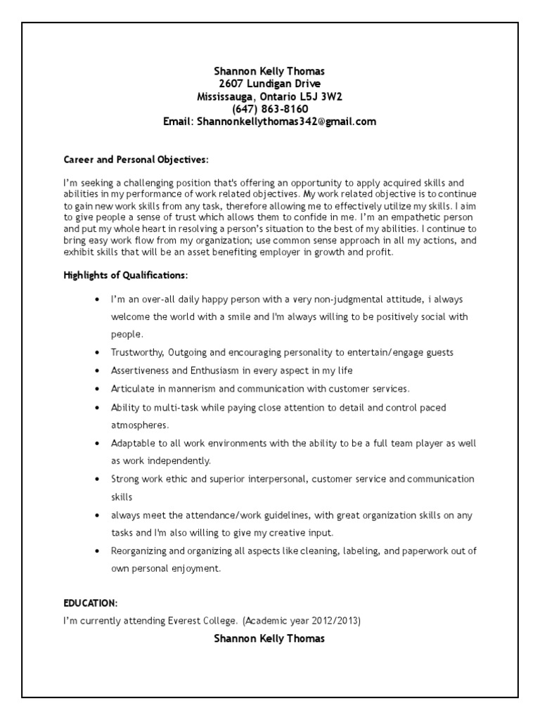 Shannons Normal Resume | PDF | Business | Business (General)