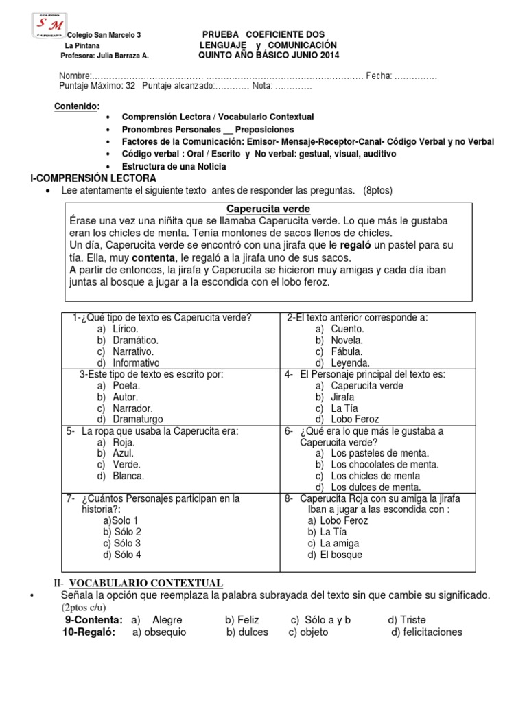 PRUEBA COEFICIENTE DOS 5° Junio | PDF | Palabra | Comunicación