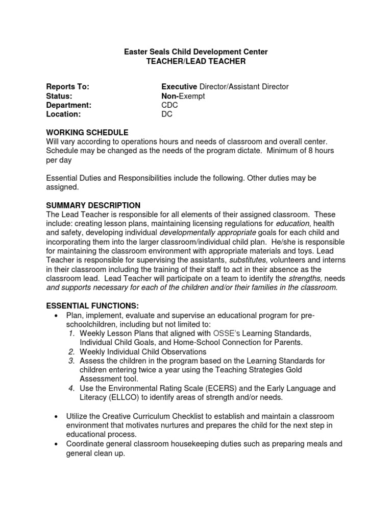 Lead Teacher Job Description at Easter Seals | PDF | Child Development ...