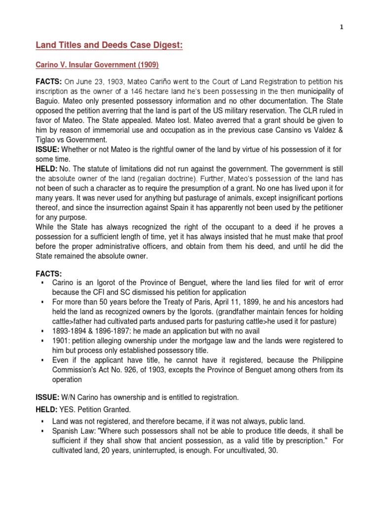 Land Titles and Deeds Case Digest | PDF | Ownership | Adverse Possession