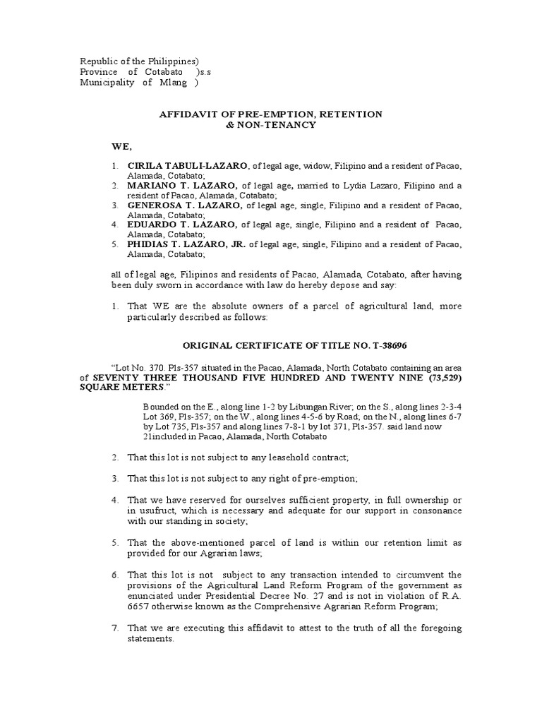 Affidavit of Pre-emption and Retention | PDF | Common Law | Law And ...