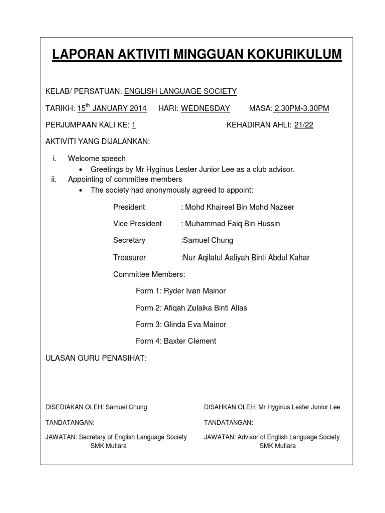 Laporan Aktiviti Mingguan Kokurikulum | PDF | Paper