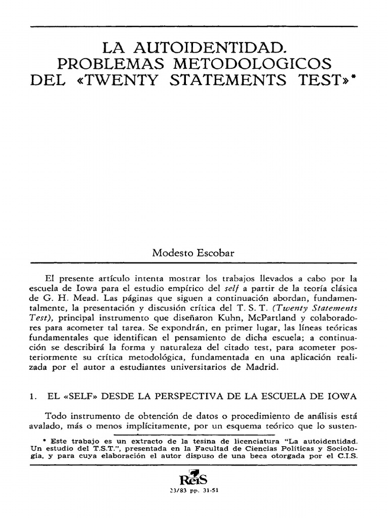 La Autoidentidad. Problemas Metodológicos Del Twenty Statements Test ...