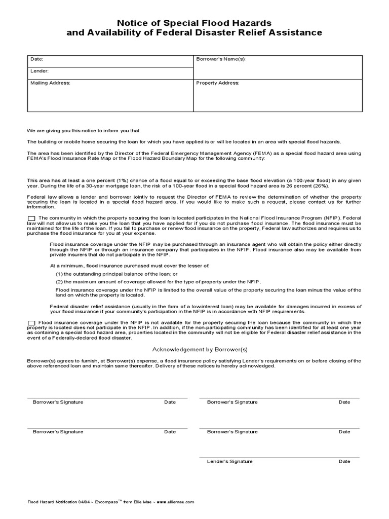 Notice of Special Flood Hazards and Availability of Federal Disaster ...