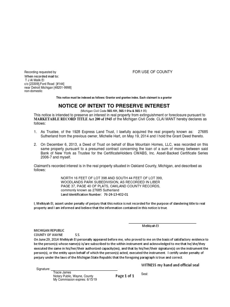 Notice Of Intent To Preserve Interest Pdf Michigan Deed