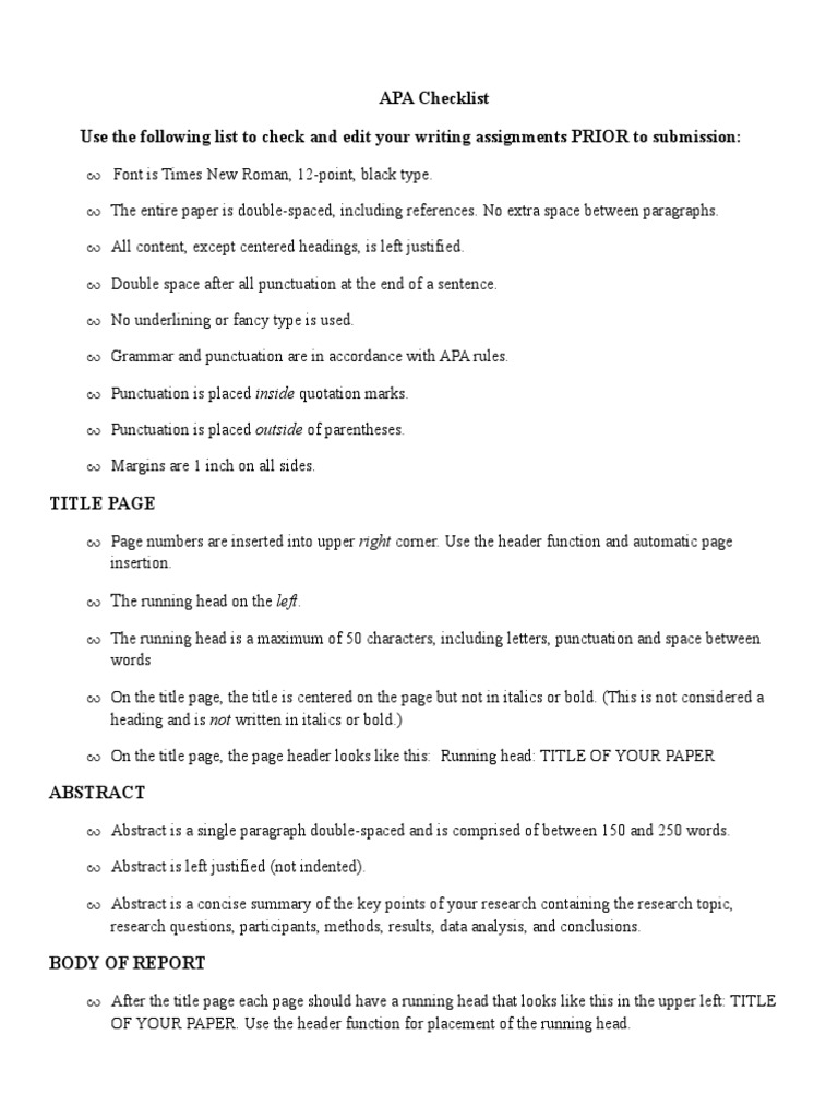 APA Checklist Use The Following List To Check and Edit Your Writing ...