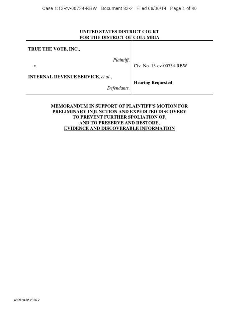 06-30-2014 Motion and Memorandum of Law in Support of Motion For Preliminary Injunction ...