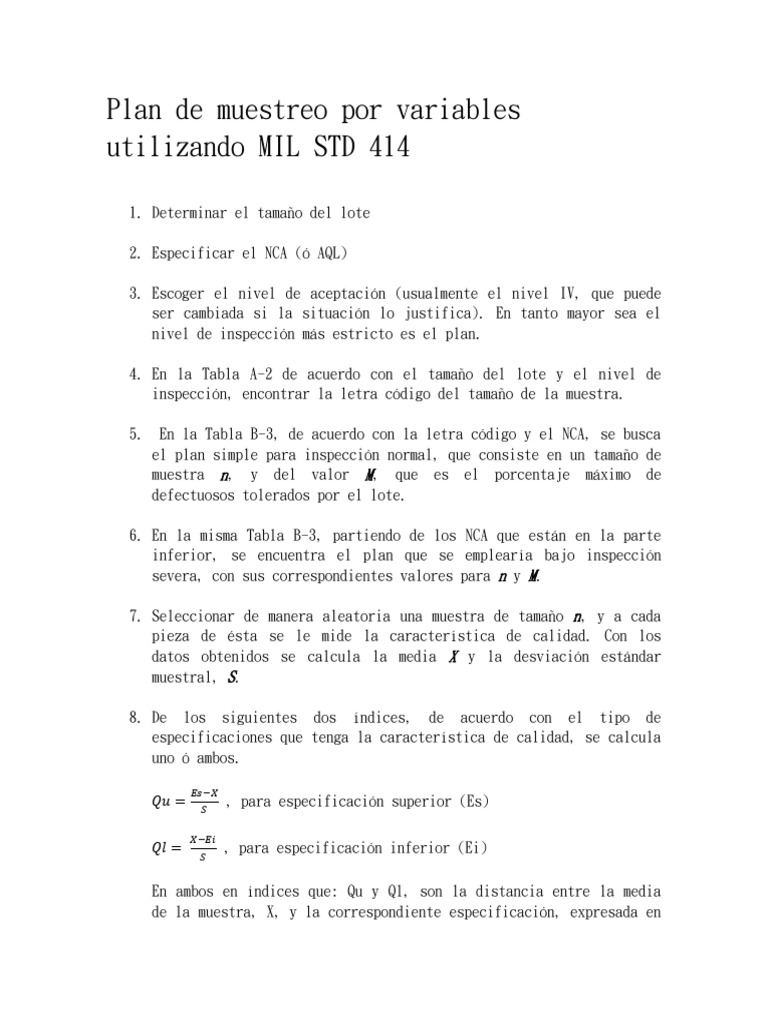 Procedimiento para inspección de variables mediante el uso de planes de muestreo MIL STD 414 | PDF