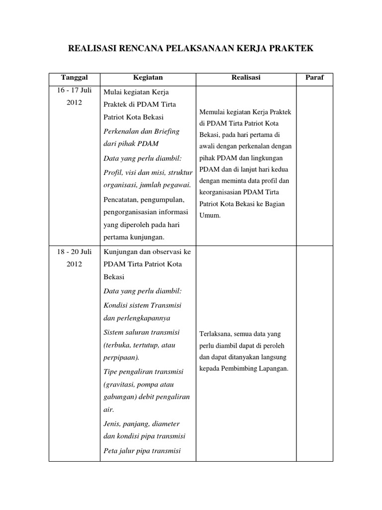 Realisasi Rencana Kegiatan Kerja Praktek VERA | PDF